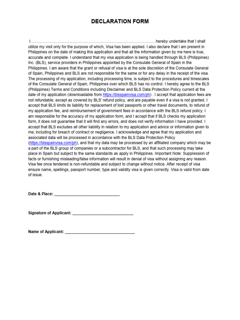Declaration Form | PDF | Travel Visa | Legal Liability