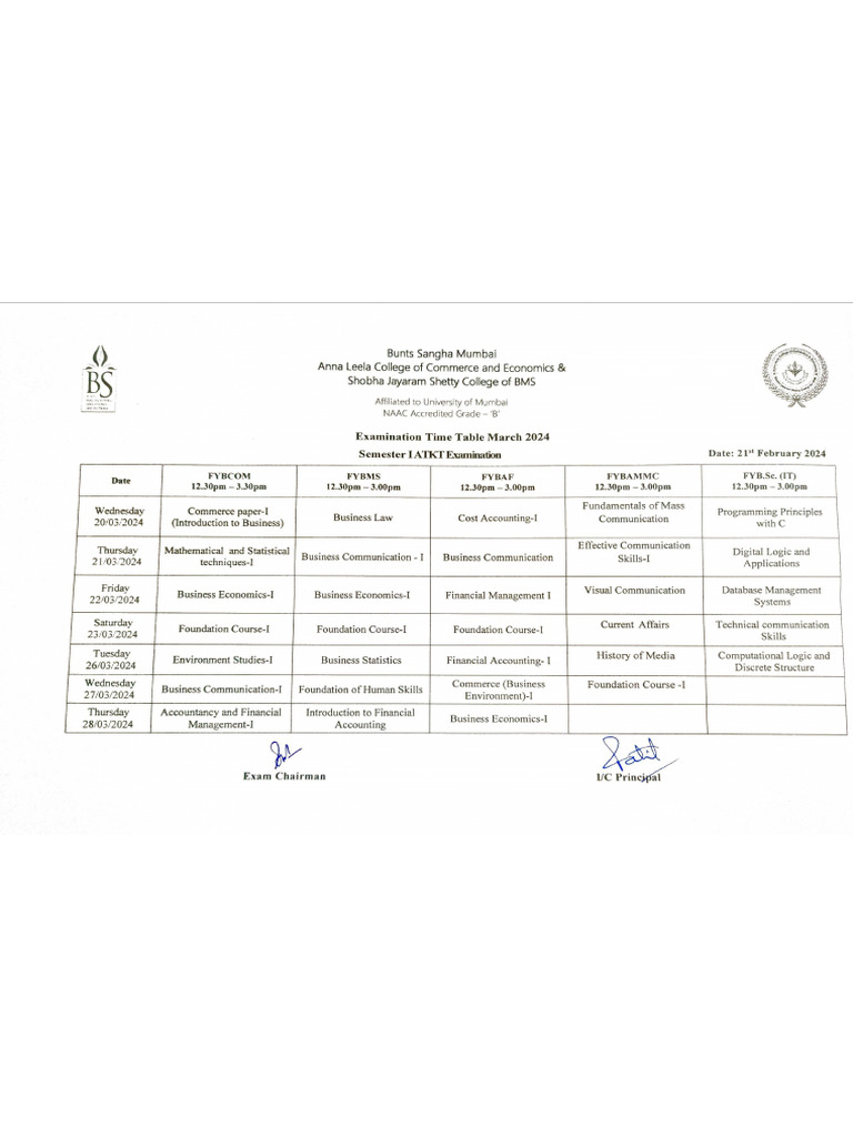 Regular & ATKT Exam Timetable (Sem - 1,2,3,4) - 2023-24 | PDF
