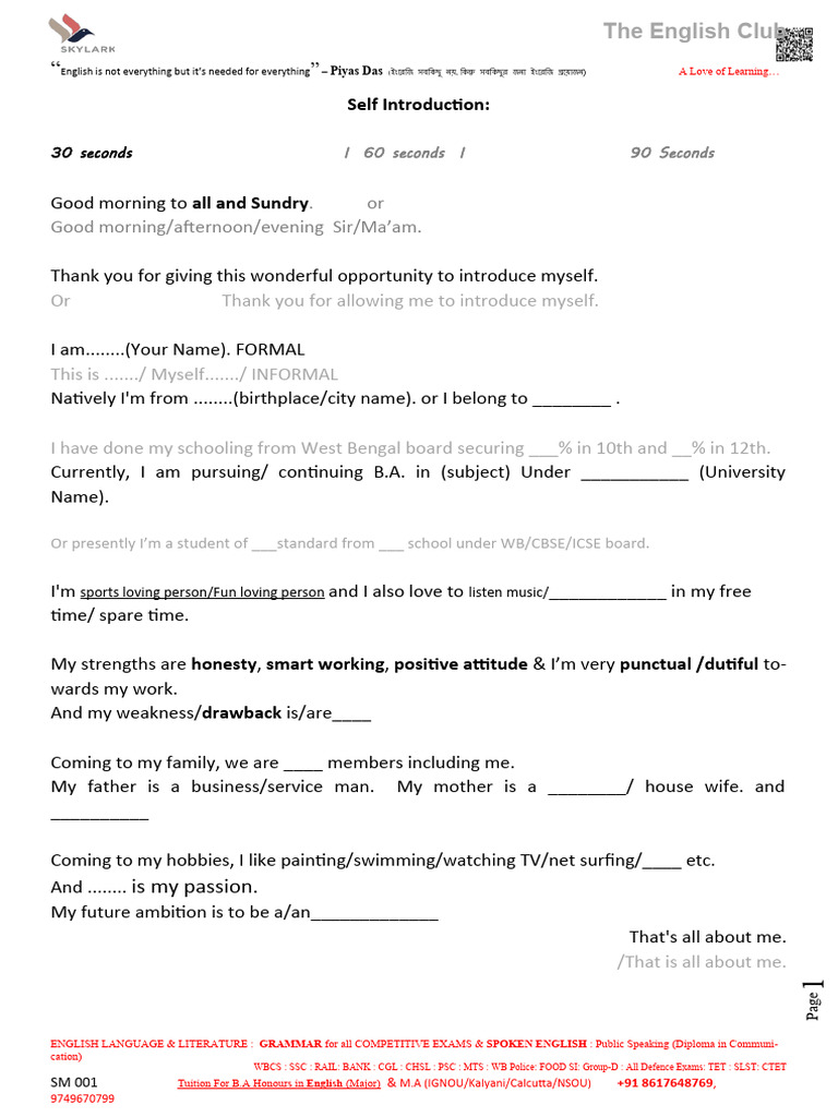 SM 001 Self introduction | PDF | Human Communication | Linguistics