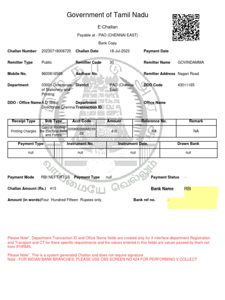 Government of Tamil Nadu: E-Challan | Download Free PDF | Payments ...