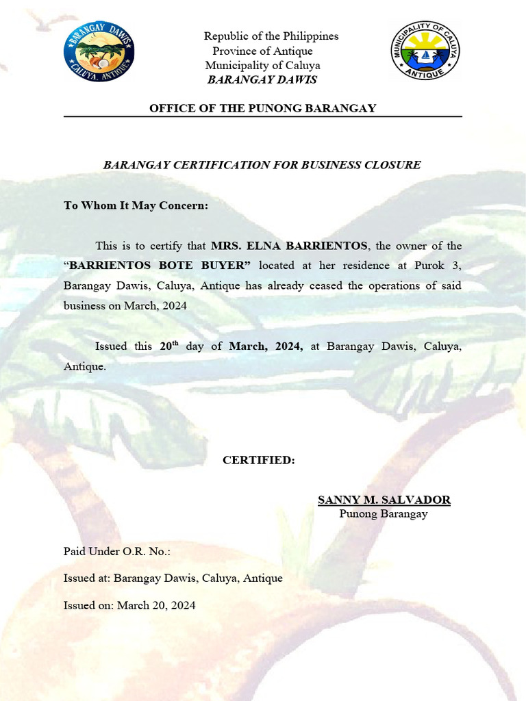 BARANGAY CERTIFICATION FOR BUSINESS CLOSURE | PDF