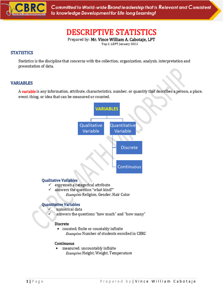 Descriptive Statistics- Handout | PDF | Quartile | Level Of Measurement