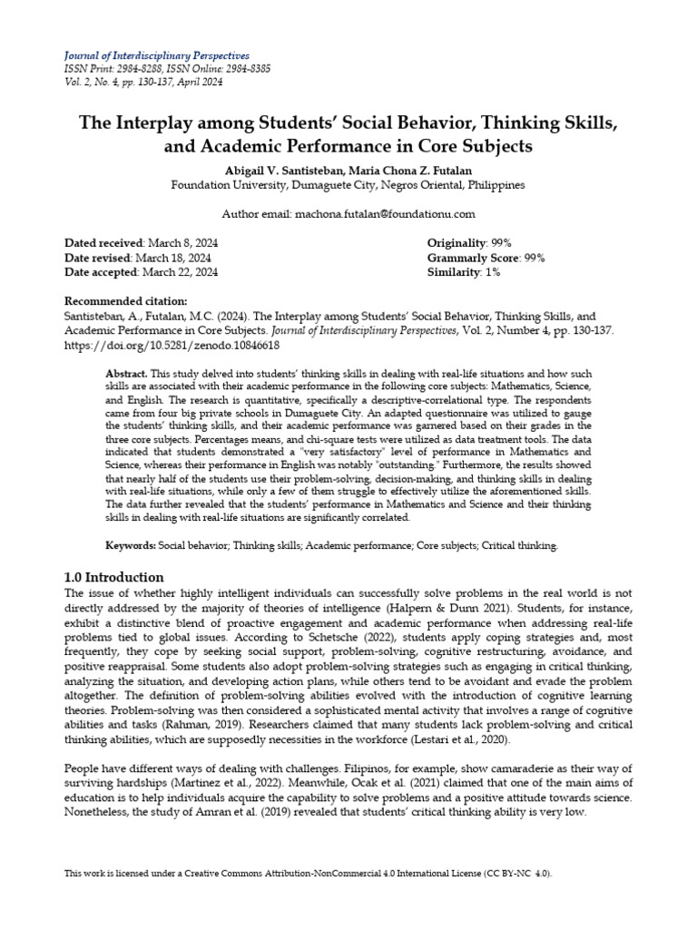 The Interplay Among Students’ Social Behavior, Thinking Skills, And Academic Performance in Core ...