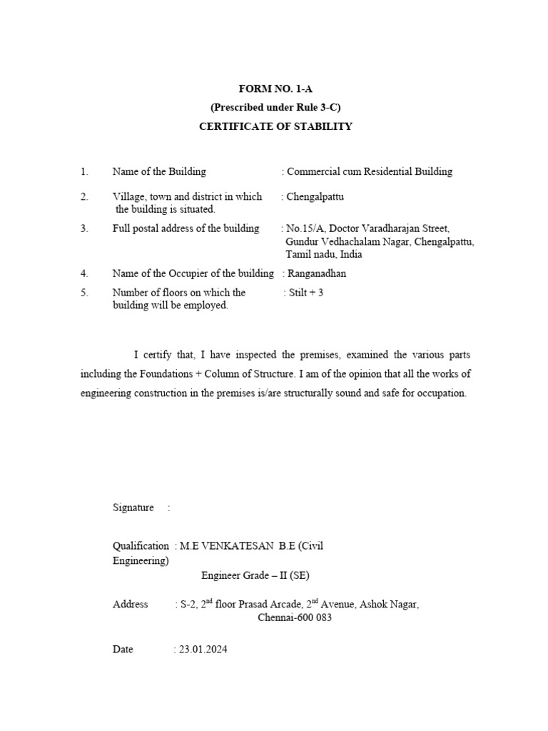 Building Stability Certificate Form 1-A | PDF | Technology & Engineering