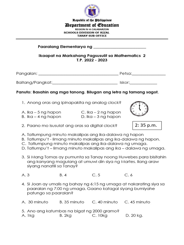 Ikaapat Na Markahang Pagsusulit Sa Mathematics 2 | PDF