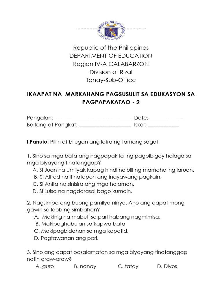Ikaapat Na Markahang Pagsusulit Sa ESP 2 EDITED | PDF