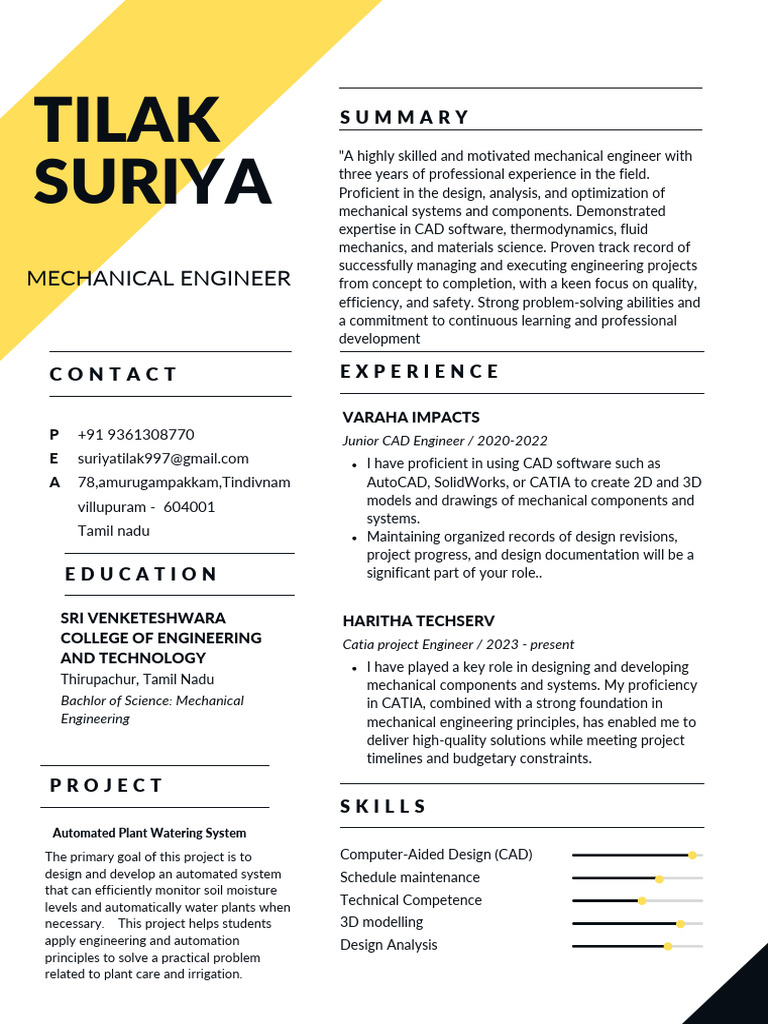 Suriya Tilak Resume | Download Free PDF | Mechanical Engineering | Engineering