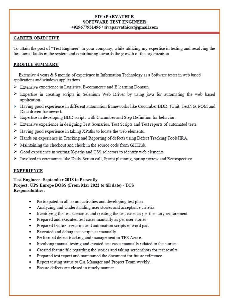 Resume Sivaparvathi.R-New | PDF | Selenium (Software) | Software Testing