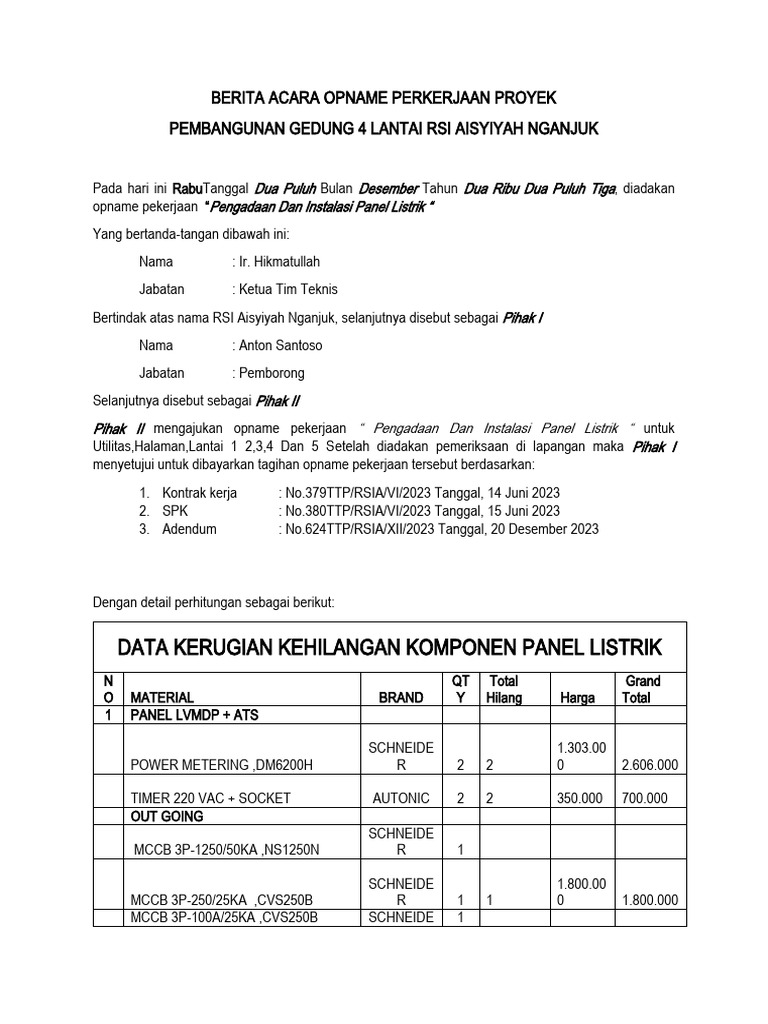 Opname Pekerjaan Panel Listrik RSI Aisyiyah | PDF