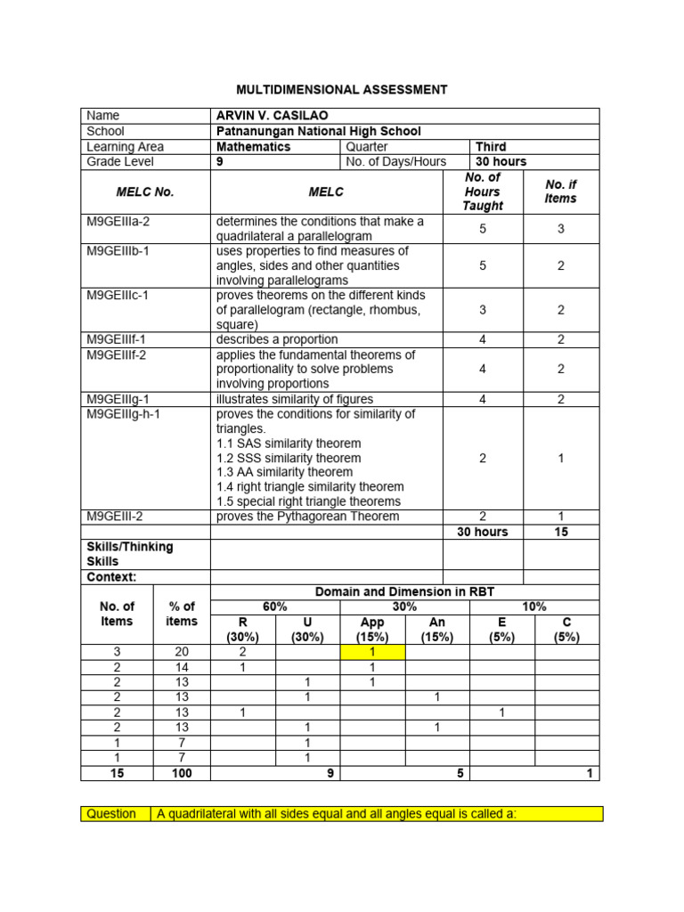 Multidimiensional Assessment | PDF | Triangle | Euclidean Geometry