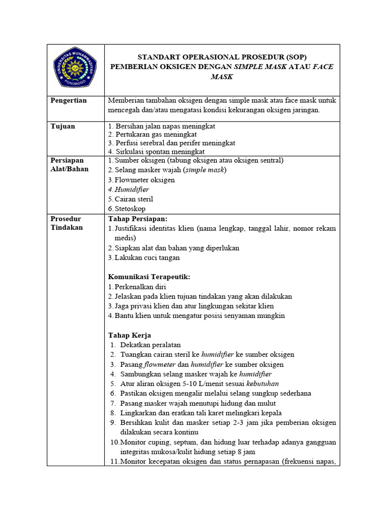 SPO Pemberian Oksigen DG Simple Mask | PDF
