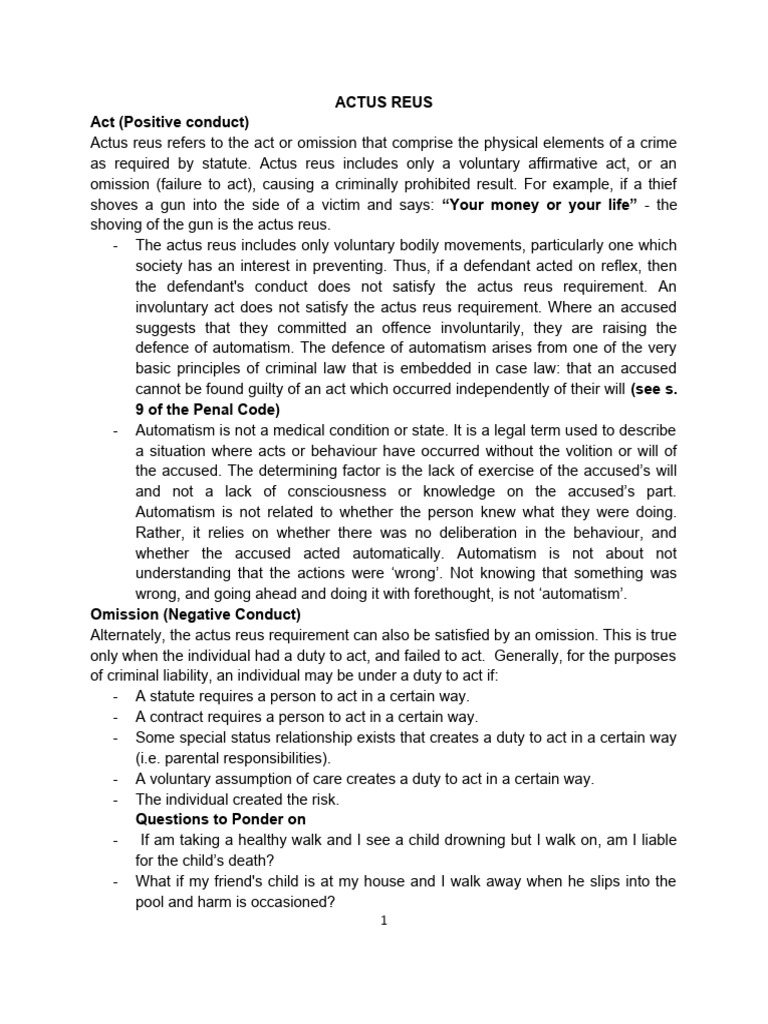 Notes On Actus Reus Pdf Causation Law Criminal Justice
