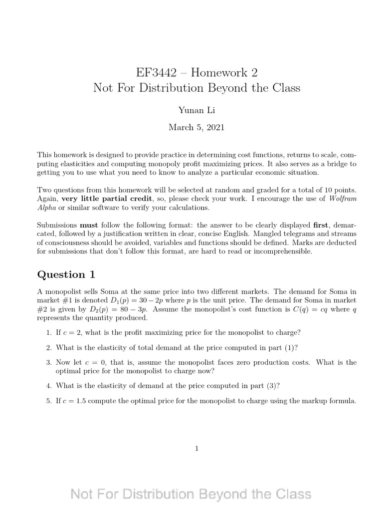 Economic Homework on Monopoly Pricing | PDF | Monopoly | Supply (Economics)