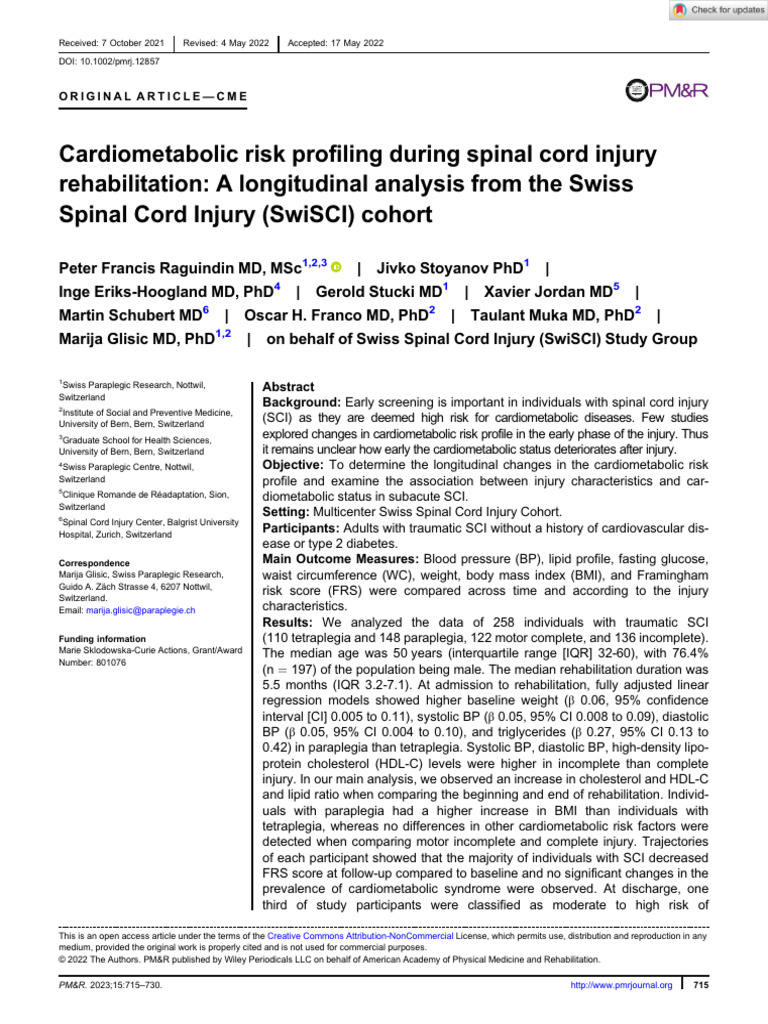 PM R - 2022 - Raguindin - Cardiometabolic Risk Profiling During Spinal Cord Injury ...