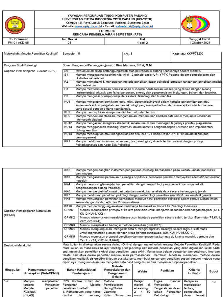 RPS Metpen Kualitatif Rina Mariana | PDF | Seni | Sains & Matematika