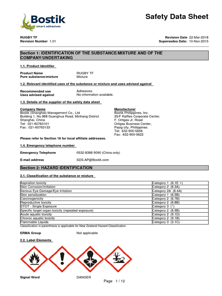Bostik-Philippines-Rugby-Original-Safety-Data-Sheet | PDF | Personal ...