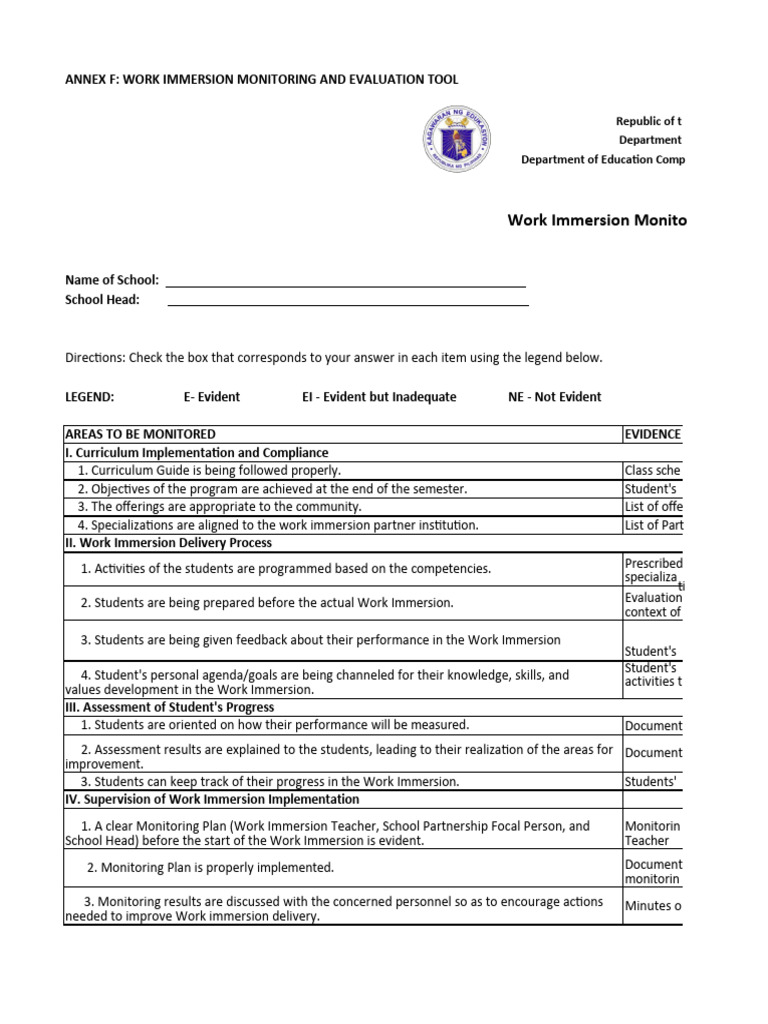 Work Immersion Monitoring and Evaluation Tool | PDF | Monitoring And Evaluation | Teachers