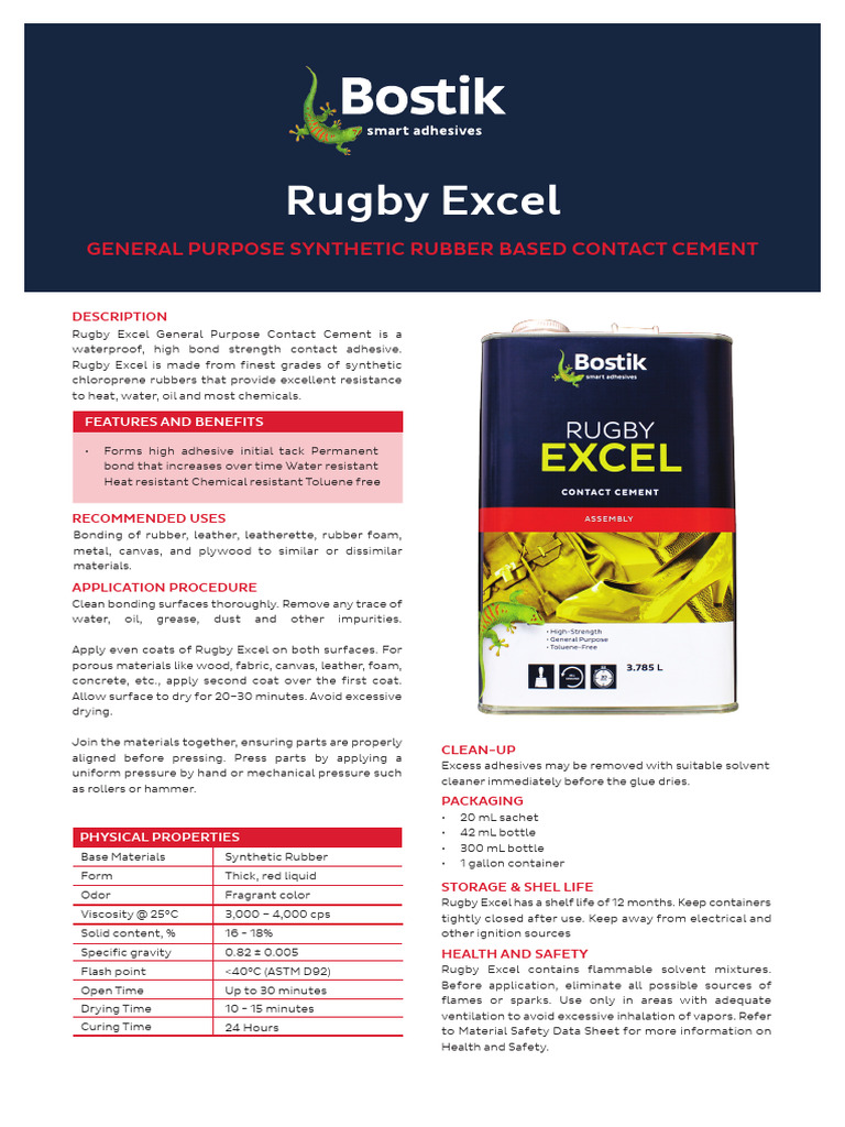 Technical Data Sheet - BOSTIK Rugby Excel | PDF | Adhesive | Natural Rubber