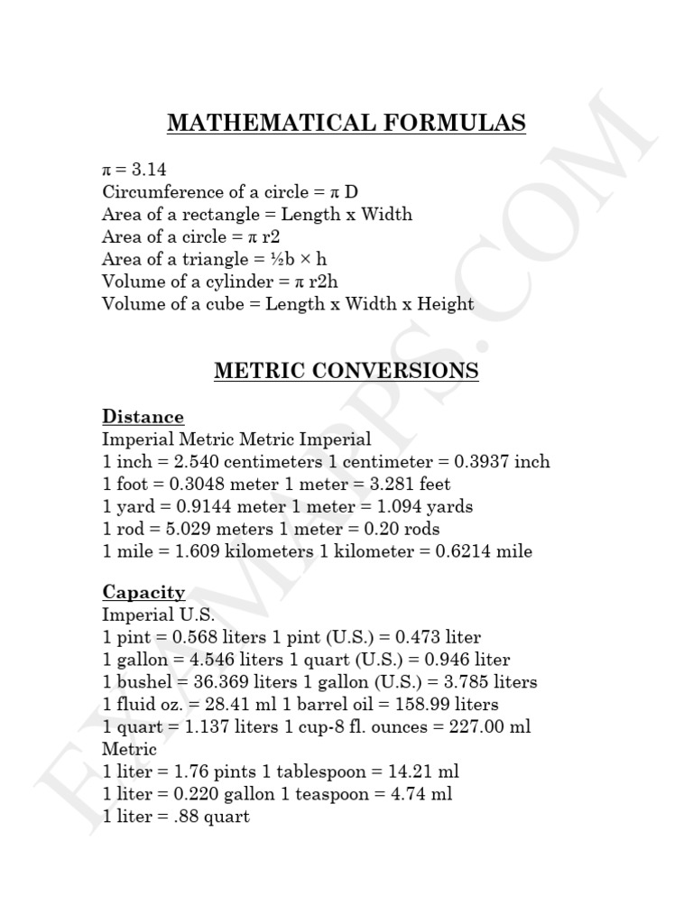 Mathematical Charts and Formulas | PDF | Gallon | Thermal Expansion