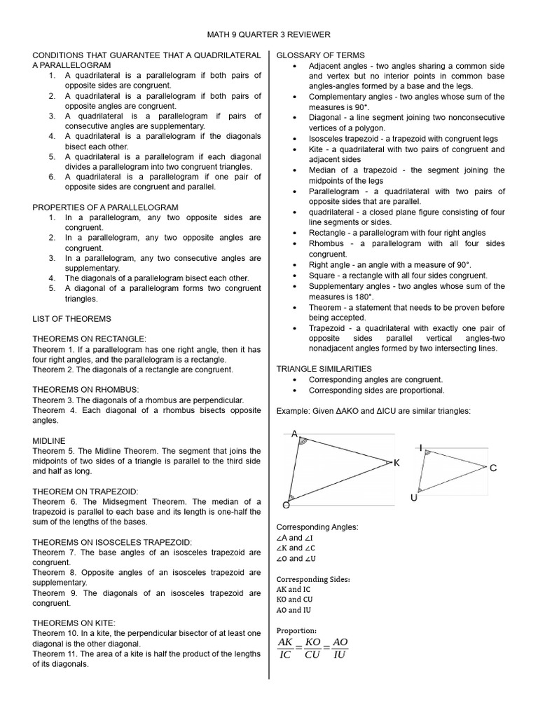 Math 9 Quarter 3 Reviewer: Parallelograms | PDF | Rectangle | Triangle