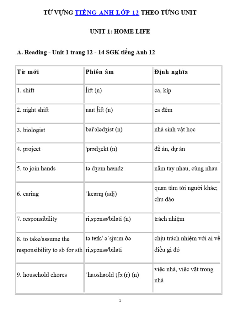 Tu Vung Tieng Anh Lop 12 | PDF