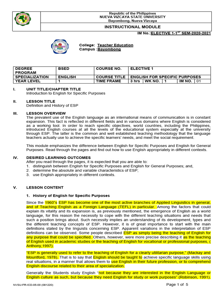 Module 1 Esp | Download Free PDF | Learning | Language Education