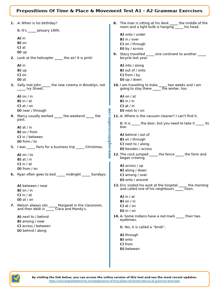 Prepositions of Time and Place Test | PDF