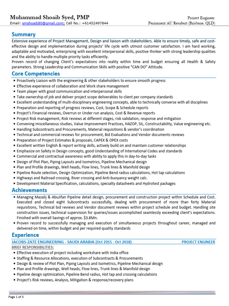 Project Engineer Resume - Muhammad Shoaib Syed | PDF | Oil Refinery | Gasoline
