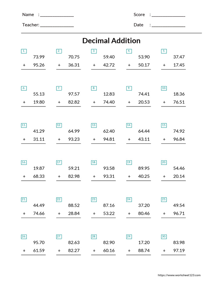 2 Digit Decimal Addition Worksheet | PDF | Chess | Chess Theory