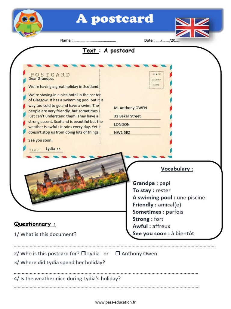 A Postcard Cm1 Cm2 Anglais Lecture Level 4 | PDF