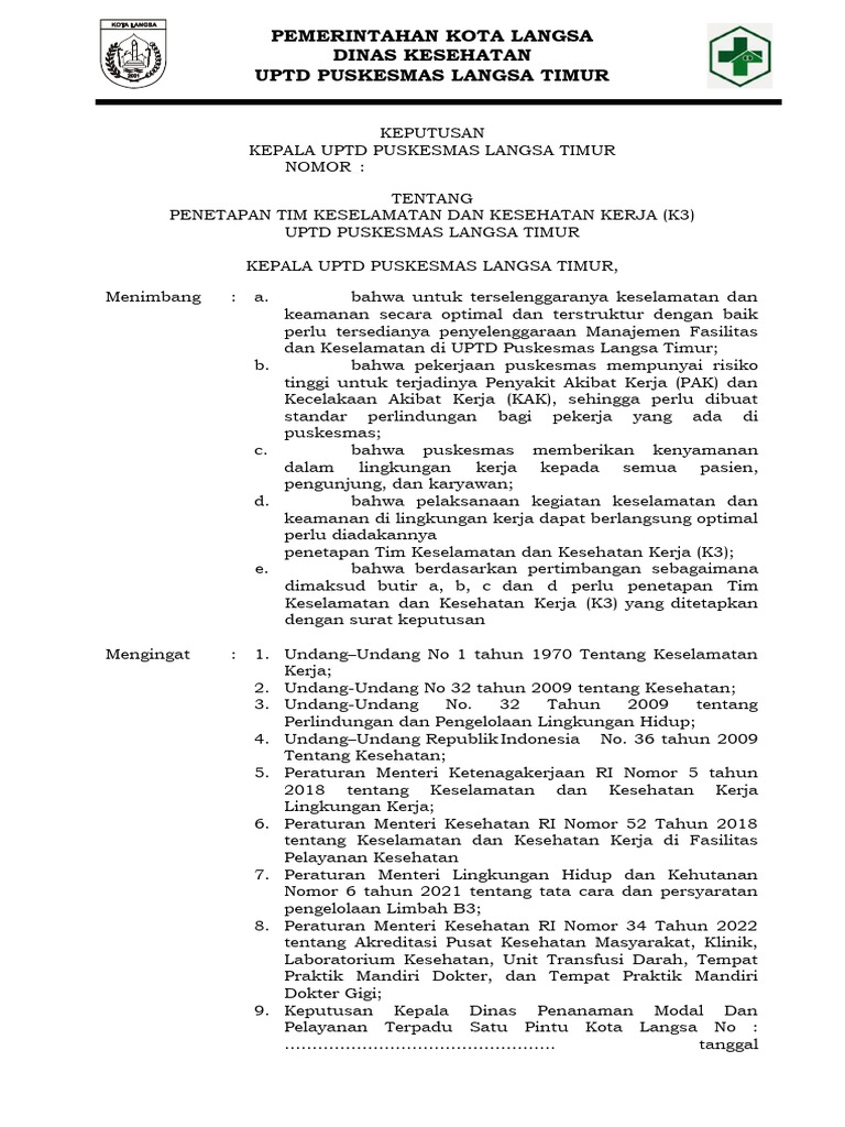 SK Penetapan Tim Keselamatan Dan Kesehatan Kerja (K3) | PDF