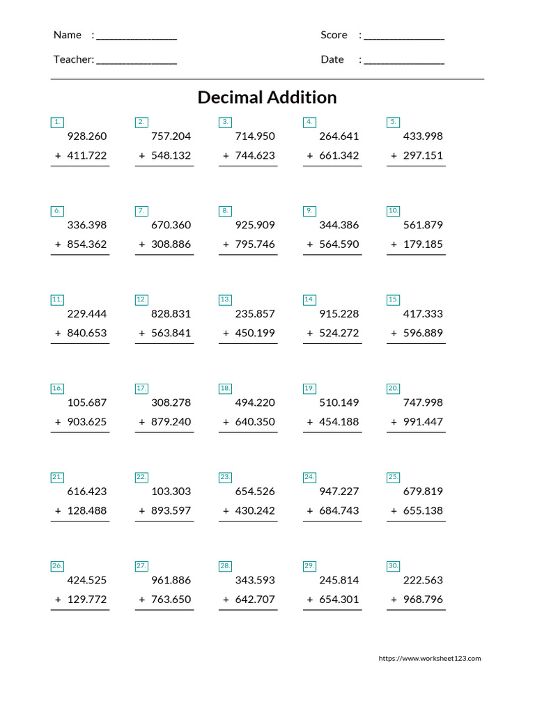 3 Digit Decimal Addition Worksheet | PDF | Chess | Chess Theory