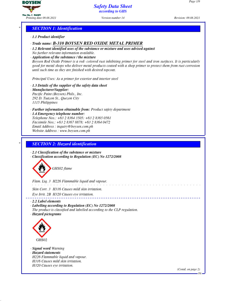 B 310 Boysen Red Oxide Primer (SDS) | PDF | Dangerous Goods | Toxicity