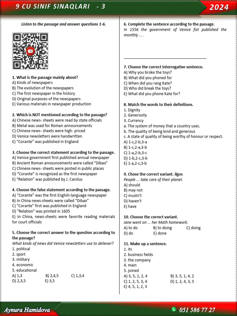 Yeni Model 9 Cu Sinif Sinaqlari - 3-1 | PDF | Insurance | Newspapers
