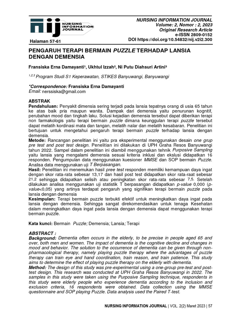 Pengaruh Terapi Bermain Puzzle Terhadap Lansia Den | PDF