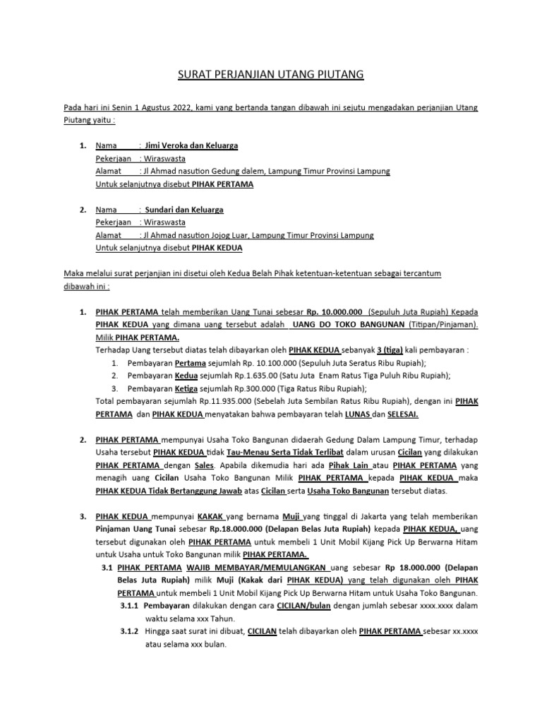 Surat Perjanjian Utang Piutang | PDF