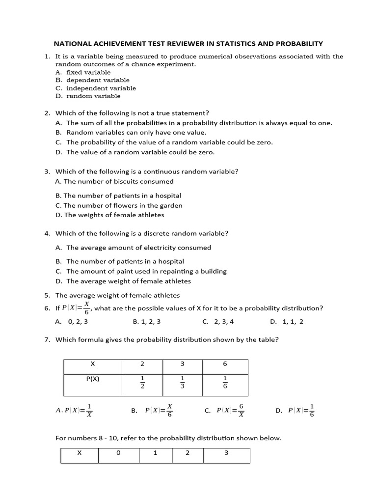National Achievement Test Reviewer in Statistics and Probability | PDF ...