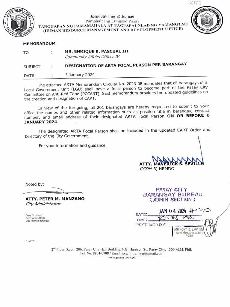 Designation of Arta Focal Person Per Brgy | PDF