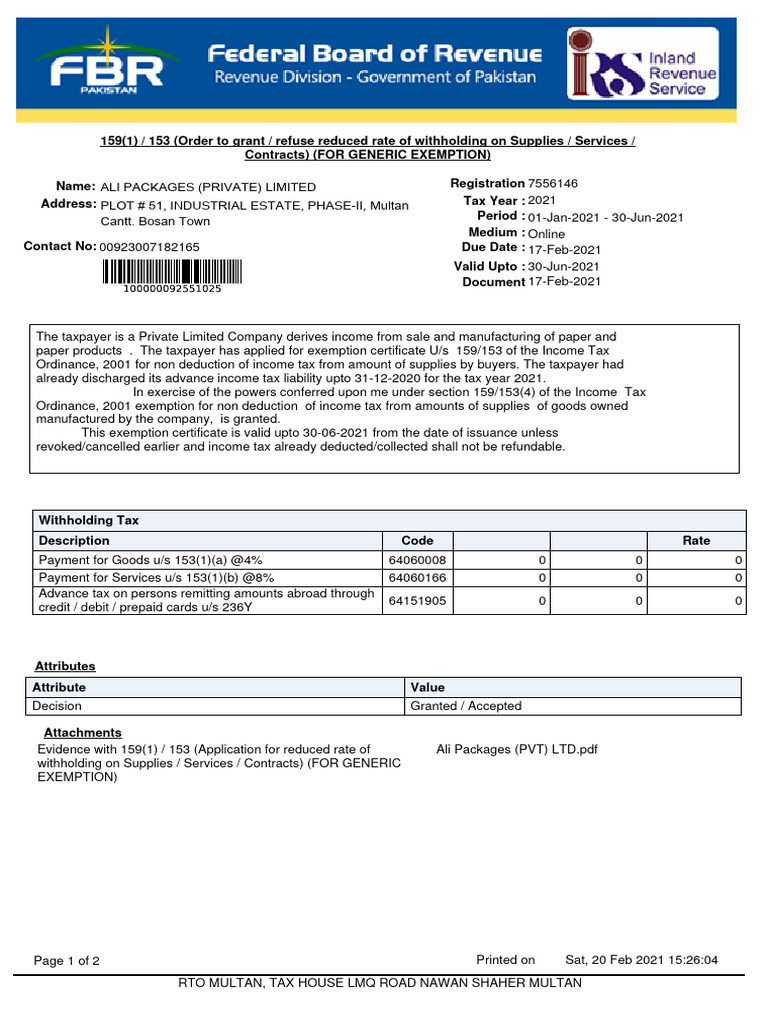 Exemption Ali Packages Jan To Jun 2021 | PDF | Taxes | Tax Exemption