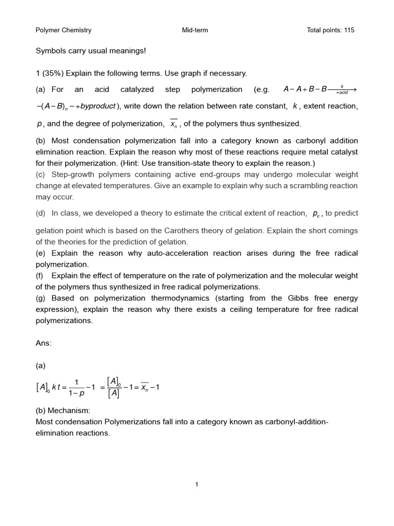 2022 Midterm Exam and Solution | PDF | Polymerization | Materials