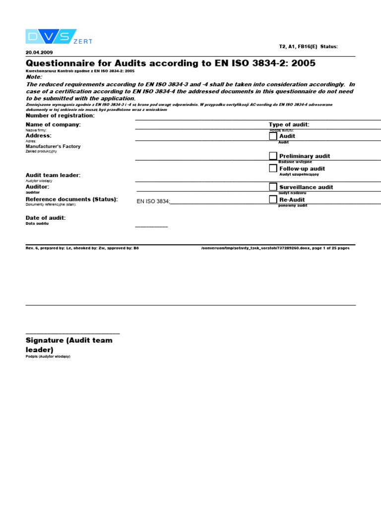 FB16 Lista Kontrolna Dla Normy EN ISO 3834 | PDF