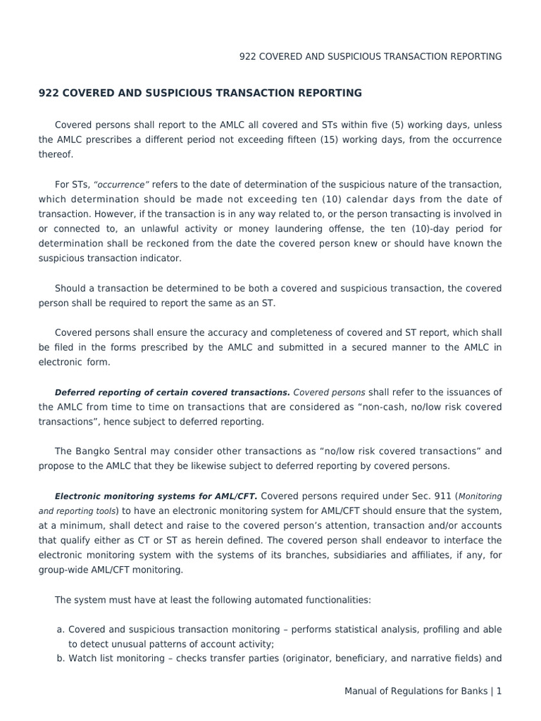 922 Covered and Suspicious Transaction Reporting | PDF | Information ...
