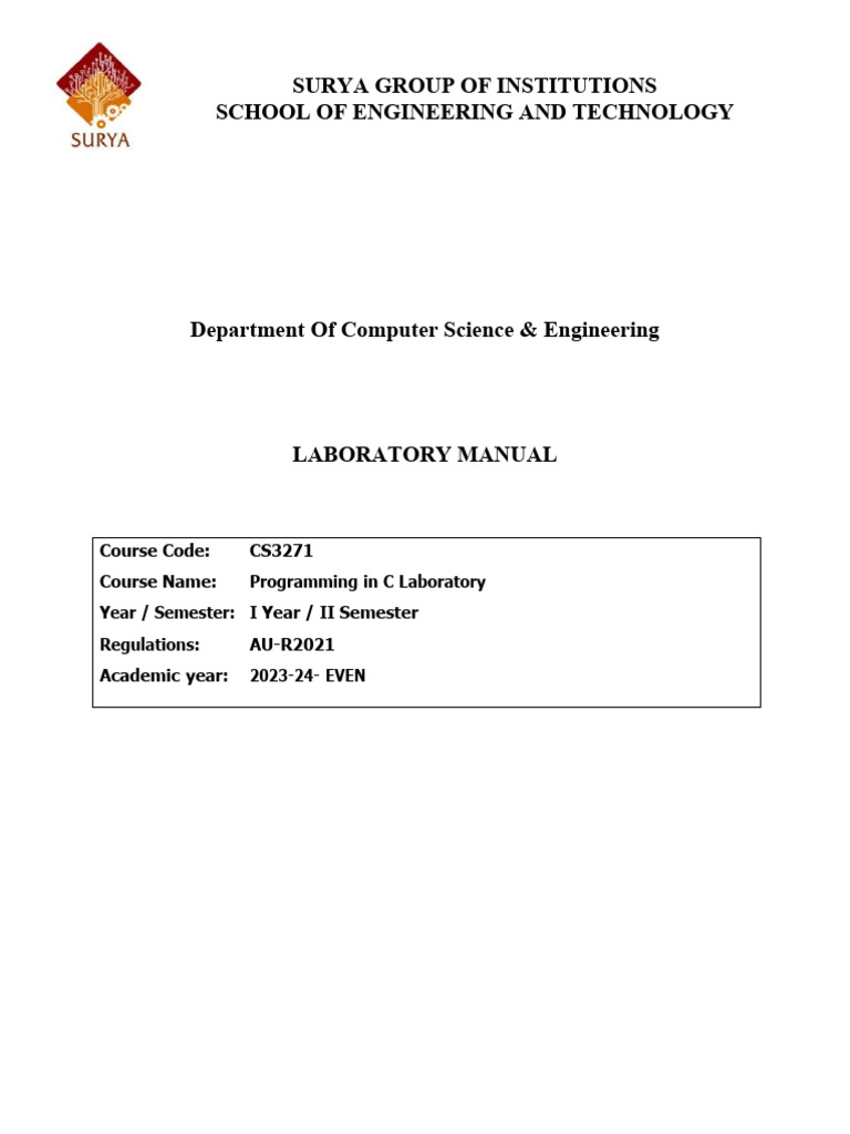 Cs3271 Programming in C Lab Manual | Download Free PDF | Pointer (Computer Programming) | C ...