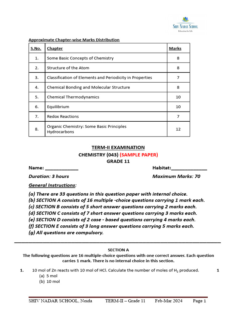 (SAMPLE PAPER) G11.Chemistry - QP.SA-2 (Band B) (2023-24) | PDF | Mole (Unit) | Chemistry