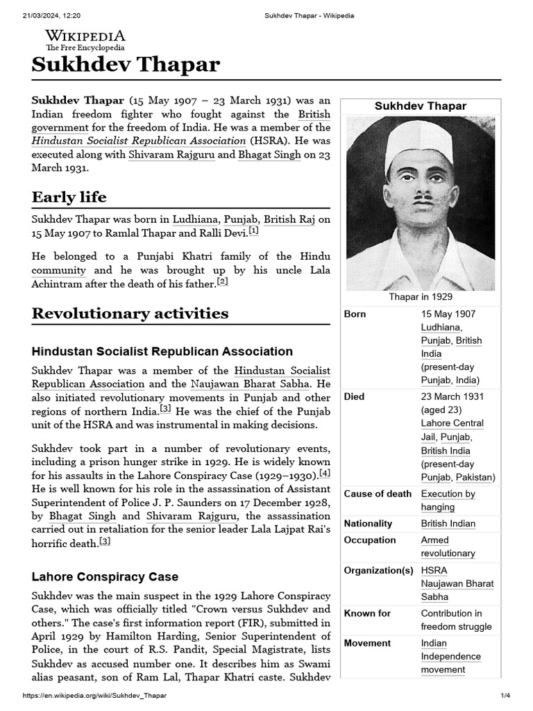 Sukhdev Thapar: Freedom Fighter Biography | PDF | Indian Independence ...
