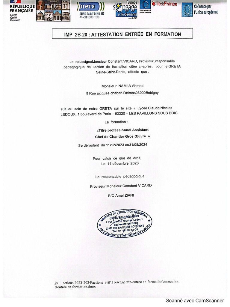 Attestation D'entrée en Formation | PDF