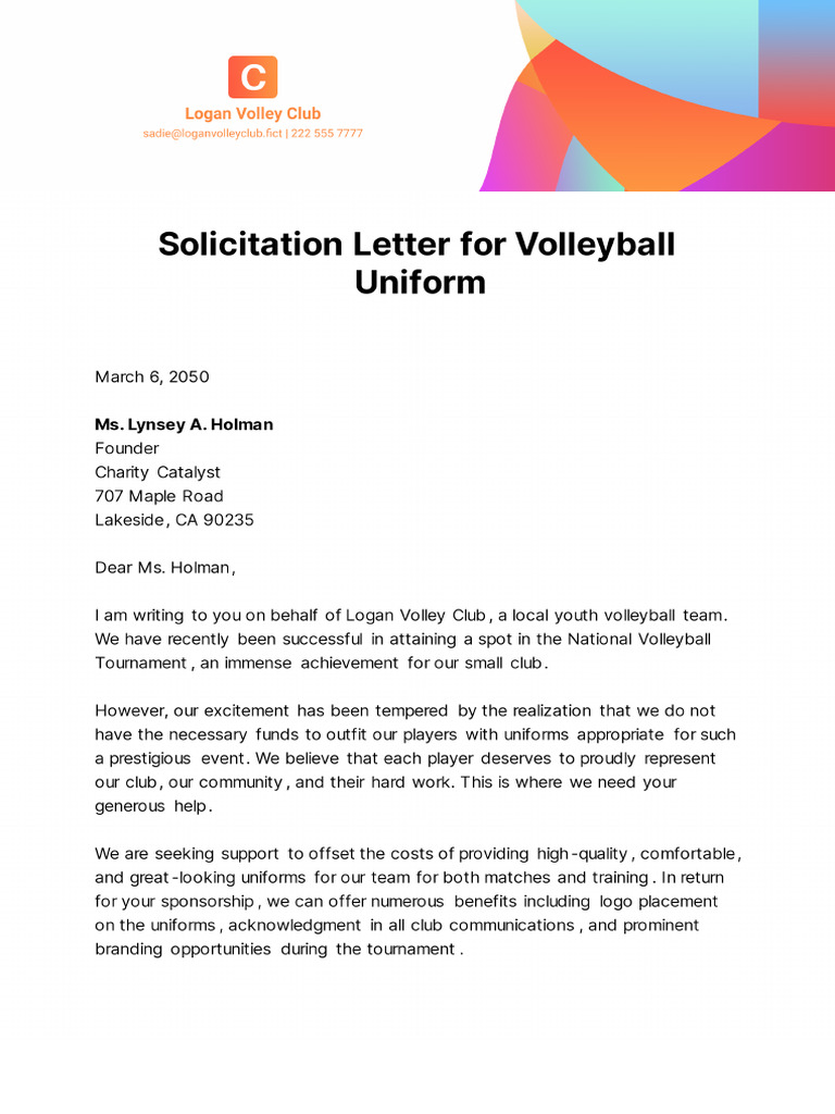 Solicitation Letter For Volleyball Uniform Template - Edit Online ...