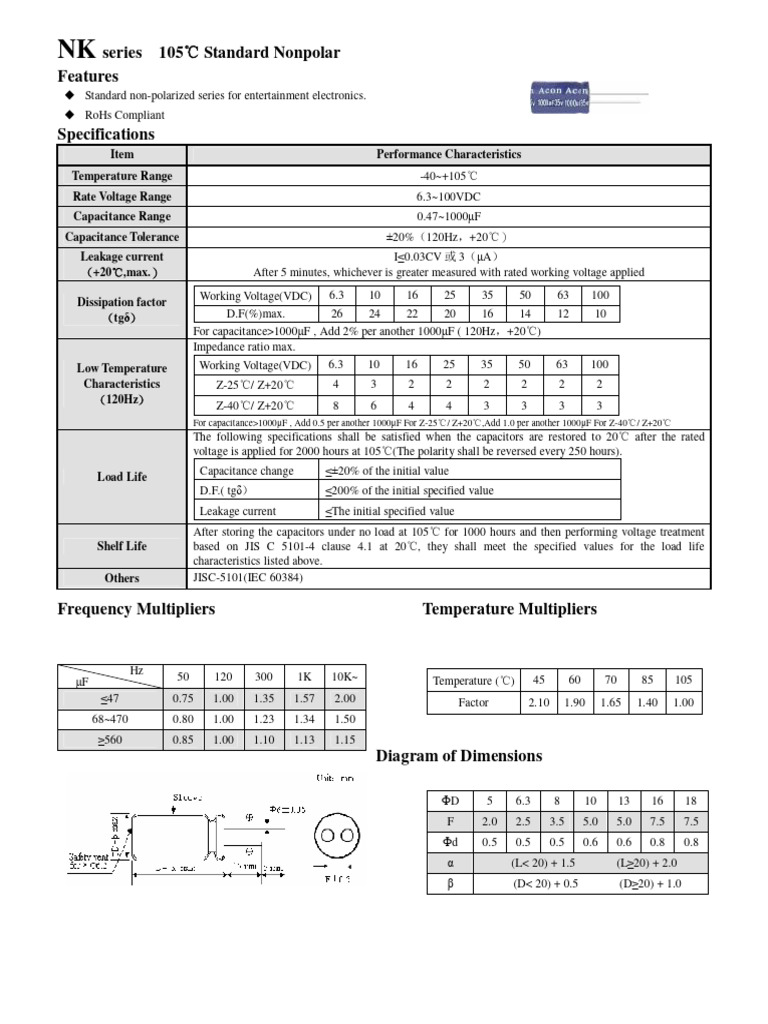 Acon (Radial Thru-Hole) NK Series | Download Free PDF | Capacitor | Capacitance