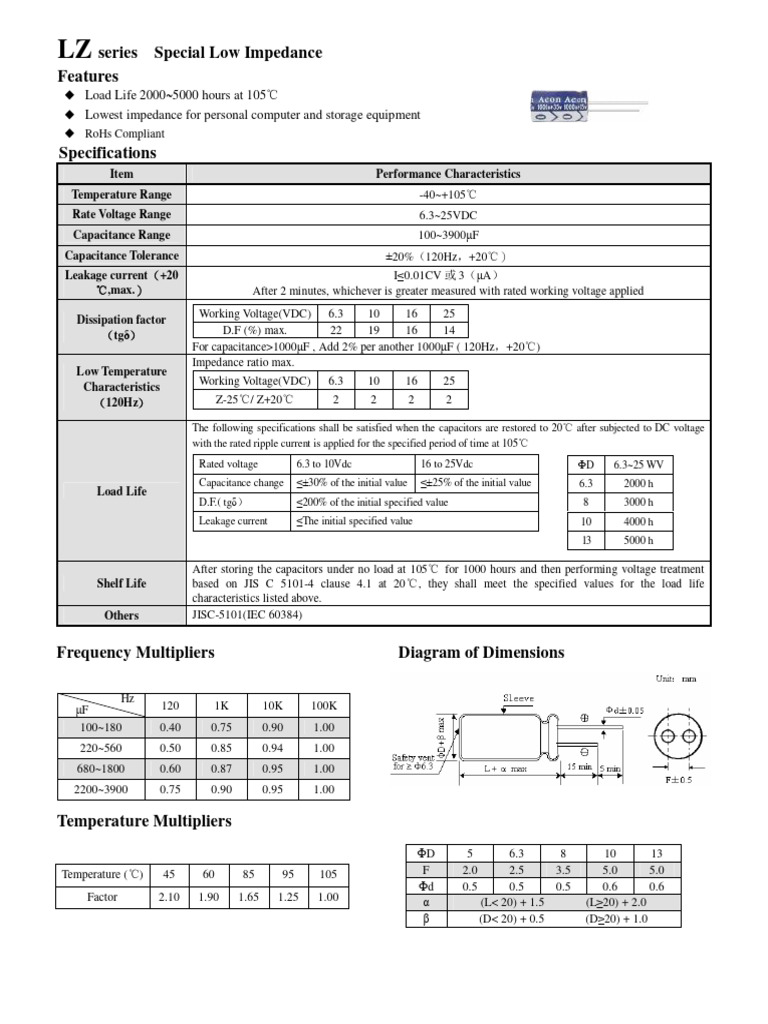 Acon (Radial Thru-Hole) LZ Series | PDF | Capacitor | Electrical Impedance