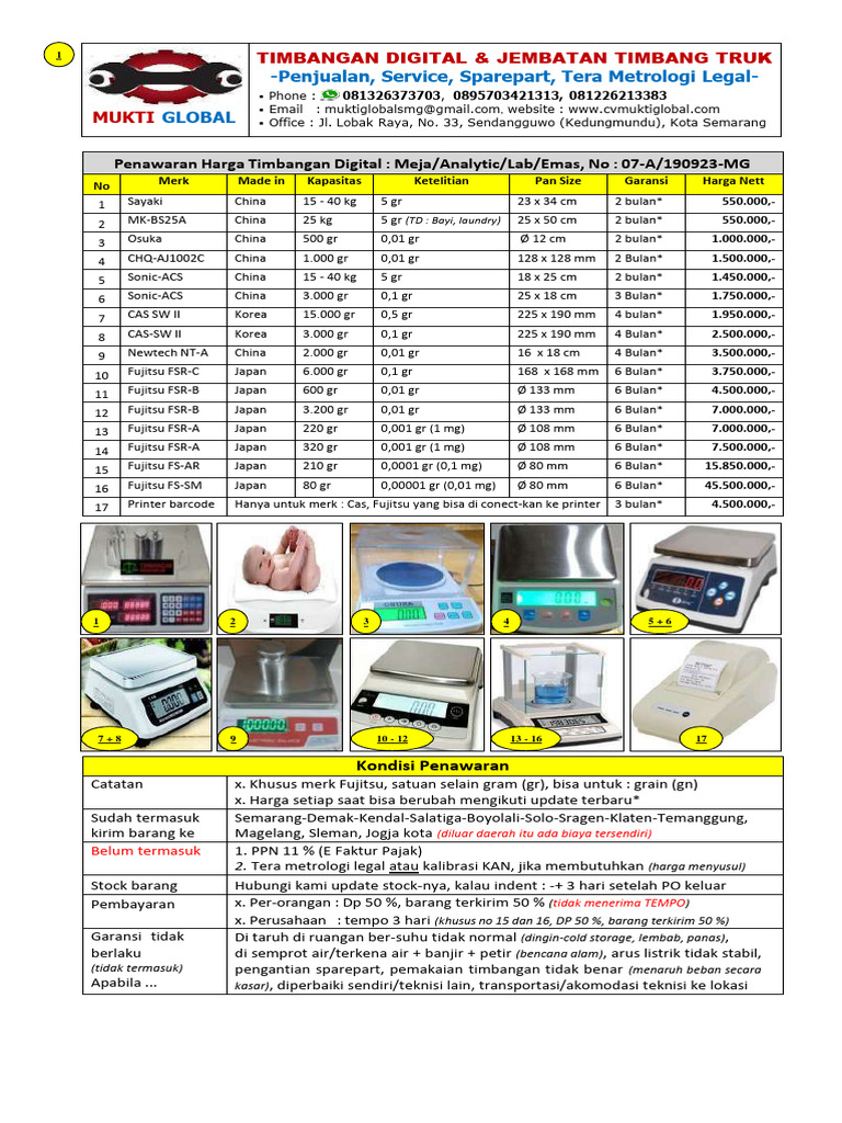 7 Harga Timbangan Digital + Sparepart Nya (190923-MUKTI GLOBAL) | PDF